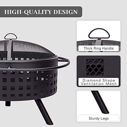 Vipush Fire Pit - 30in Black Crossweave Outdoor Fire Pit, Wood Burning Fire Pit with Spark Screen, Fireplace Poke, Cover - Fire Pit for Outside, Patio, Garden, Backyard, Decking