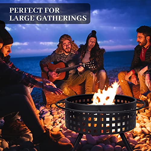 Vipush Fire Pit - 30in Black Crossweave Outdoor Fire Pit, Wood Burning Fire Pit with Spark Screen, Fireplace Poke, Cover - Fire Pit for Outside, Patio, Garden, Backyard, Decking