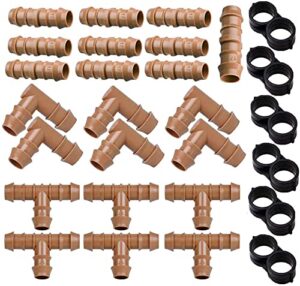 arfun 28p drip irrigation fittings kit (17mm) for 1/2″ tubing (.600″ id), 10 couplings, 6 tees, 6 elbows and 6 tubing end closure – barded connectors for drip or sprinkler systems(28 pieces set)