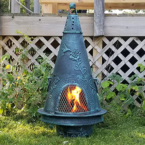 The Blue Rooster Garden Cast Aluminum Chiminea in Antique Green