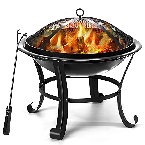 Wilrex Outdoor Fire Pits, 22 inch Portable Bonfire FirePits for Outside Wood Burning with Spark Screen and Fireplace Poker for Backyard Garden Patio Bonfire Heating, Camping and BBQ, Black (QTFP06M)