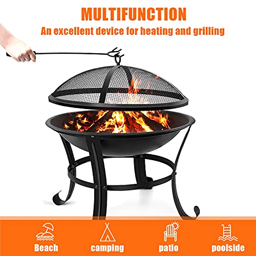 Wilrex Outdoor Fire Pits, 22 inch Portable Bonfire FirePits for Outside Wood Burning with Spark Screen and Fireplace Poker for Backyard Garden Patio Bonfire Heating, Camping and BBQ, Black (QTFP06M)