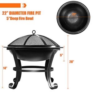 Wilrex Outdoor Fire Pits, 22 inch Portable Bonfire FirePits for Outside Wood Burning with Spark Screen and Fireplace Poker for Backyard Garden Patio Bonfire Heating, Camping and BBQ, Black (QTFP06M)