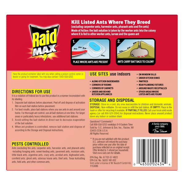 Raid Max Liquid Ant Bat; Kills Ants Where They Breed, For Indoor and Outdoor Use; 4 Bait Stations