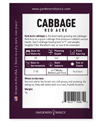 Cabbage Seeds for Planting - Red Acre Heirloom, Non-GMO Vegetable Variety- 1 Gram Seeds Great for Summer, Spring, Fall and Winter Gardens by Gardeners Basics