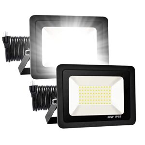 unusroom 2 pack 50w led flood light outdoor, 7000lm led work lights,6500k outdoor floodlights, ip65 waterproof,plug in flood light, 6500k daylight white plug in security light for yard lawn garden