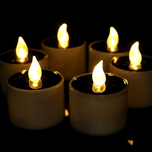 SingTok 6 PCS Solar Powered Outdoor LED Tea Lights Waterproof Rechargeable Flameless Flickering Candles Battery Operated Solar LED Votive Flicker Tealight Candle for Garden Lantern Decor (Warm White)