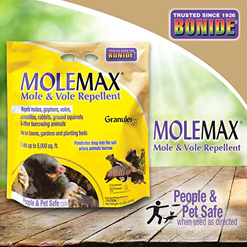 Bonide MOLEMAX Mole & Vole Repellent Granules, 10 lbs. Ready-to-Use, Outdoor Lawn & Garden Mole Control, People & Pet Safe