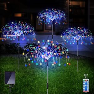 outdoor solar garden lights, 4 pack 120 led copper wire waterproof solar garden fireworks lamp with remote, 8 modes decorative sparkles stake landscape light for garden pathway lawn decor (colorful)