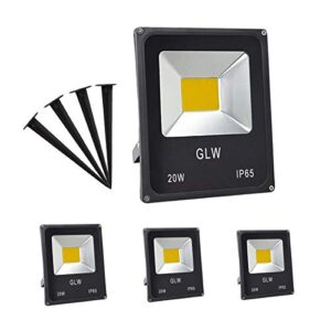 glw 20w led landscape lights 12v~60v ac/dc flood light warm white 3000k waterproof garden yard path lights walls trees flags outdoor spotlights with spike stand (4 pack)