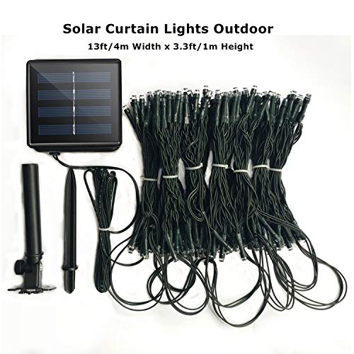 DBFairy Solar Curtain String Lights Outdoor, 13ft(L) x 3.3ft(H), 8 Mode, 200 LED,Solar Icicle Twinkle Lights for Home Garden Patio Camping Party Window Balcony Decoration - Waterproof,Dark Green-White