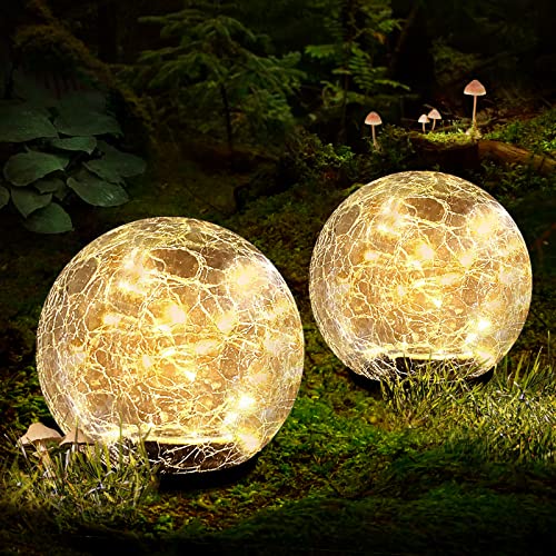 Garden Solar Ball Lights Outdoor Waterproof, 60 LED Cracked Glass Globe Solar Power Ground Lights for Path Yard Patio Lawn, Outdoor Decoration Landscape Warm White(2 Pack 5.9'')