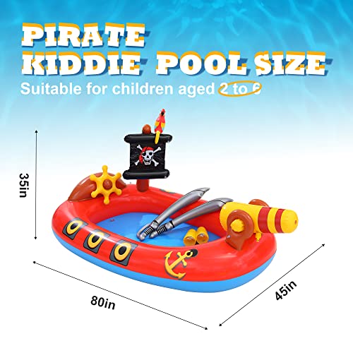 Inflatable Swimming Pool for Kids Toddlers, Water Spray Pirate Boat Summer Water Game Play Center for Indoor Outdoor Garden Yard 80"X45"X35"Kiddie Pool for Ages 2+