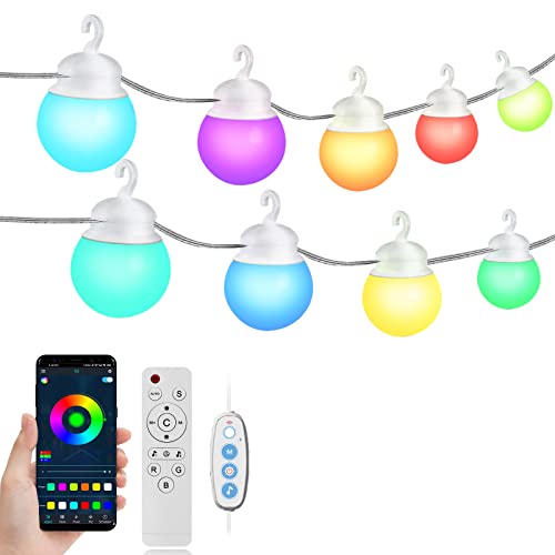 GAEFURY Smart Outdoor String Lights, 48FT RGB Patio String Lights with Bluetooth App & Remote Control, Color Changing Outdoor String Lights IP65 Waterproof for Patio, Balcony, Garden, Party