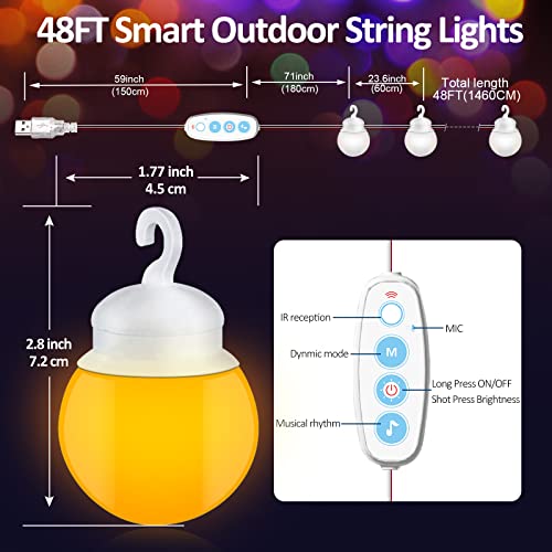 GAEFURY Smart Outdoor String Lights, 48FT RGB Patio String Lights with Bluetooth App & Remote Control, Color Changing Outdoor String Lights IP65 Waterproof for Patio, Balcony, Garden, Party