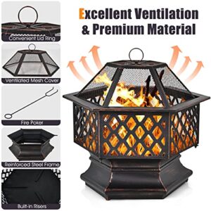 Giantex 26 Inch Outdoor Fire Pit, Large Hexagonal Fire Bowl with Spark Screen Cover and Poker, Wood Burning Firepit for Outside Camping Garden Patio Backyard