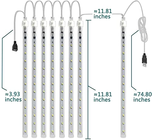 Keyouhe Meteor Shower Lights LED String Lights, 11.8 inch 8 Tubes Waterproof Double-Sided SMD Lamp Beads Curtain Lights Garden Square Hanging Decorative Lamps for Bar Halloween Christmas (White)