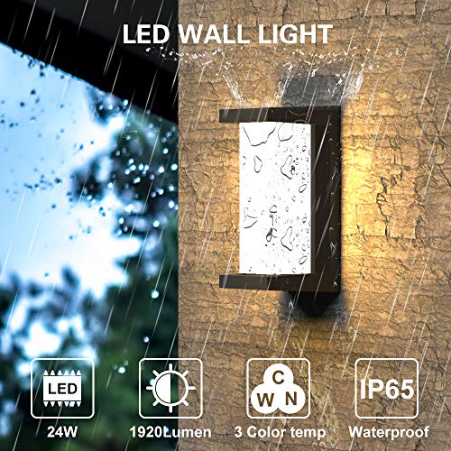 Sytmhoe Modern Outdoor Wall Lights,24W-LED Wall Sconce Light Fixtures,3-Color-Changeable Wall Mounted Lamps,Matte Black Porch&Patio Light,IP65 Waterproof for Hallway Stairs Gardens