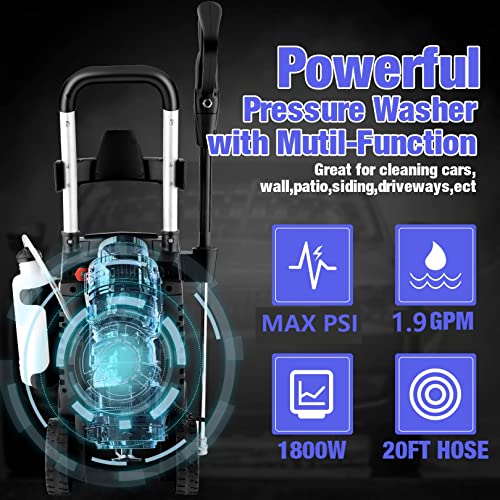 Power Washer, TE3000 1.9GPM Pressure Washer 1800W Electric High Pressure Washer Professional Car Washer Cleaner Machine with Hose Reel ,5 Nozzles for Patio Garden Yard Vehicle