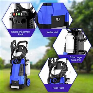 Power Washer, TE3000 1.9GPM Pressure Washer 1800W Electric High Pressure Washer Professional Car Washer Cleaner Machine with Hose Reel ,5 Nozzles for Patio Garden Yard Vehicle