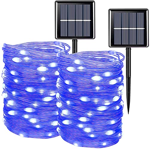 QITONG 2 Pack Upgraded PVC Solar Fairy Lights, Each 33ft 100 LED Blue Solar Lights Outdoor Waterproof, 8 Modes Twinkle Mini String Lights for Garden Yard Patio Fence Christmas Decorations