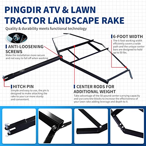 PINGDIR Leveling Landscape rake 74”Width 39" Length Driveway Drag ramp Grader Harrow Heavy Duty Steel Gravel Leveler Tools with 2 Adjustable Bars for ATV,UTV,Garden Lawn Tractors with Pin Style Hitch