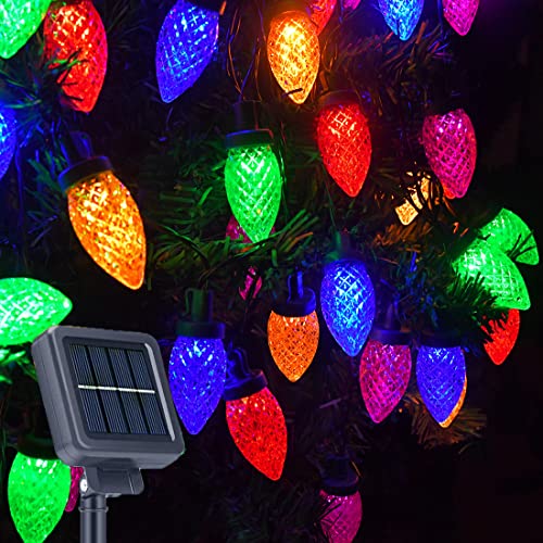 Outdoor Solar Christmas Lights C9 Strawberry String Lights, 31ft 50 LED Solar Garden Christmas Fairy Lights For Christmas Tree Backyard Window Railing Deck Camping Chicken Coop, Multicolor 8 Modes