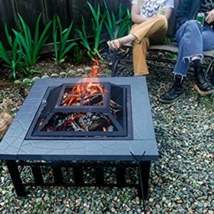 Yardom 34 inch Outdoor Fire Pits BBQ Square Firepit Table Backyard Patio Garden Stove Wood Burning Fireplace with Grill, Spark Screen Cover, Poker, Rain Cover