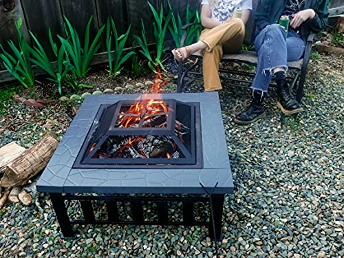 Yardom 34 inch Outdoor Fire Pits BBQ Square Firepit Table Backyard Patio Garden Stove Wood Burning Fireplace with Grill, Spark Screen Cover, Poker, Rain Cover