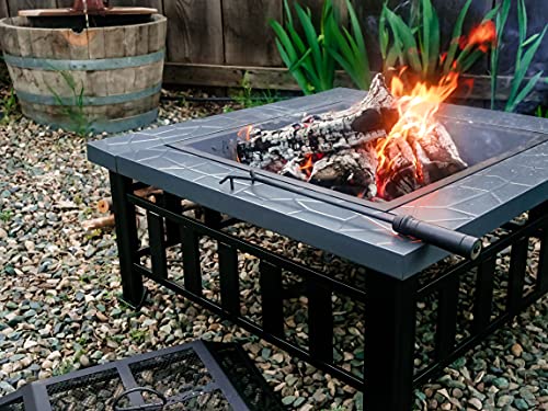 Yardom 34 inch Outdoor Fire Pits BBQ Square Firepit Table Backyard Patio Garden Stove Wood Burning Fireplace with Grill, Spark Screen Cover, Poker, Rain Cover