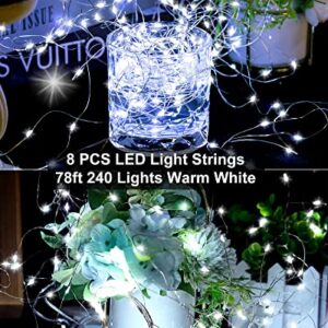 8 Pack Solar String Lights Outdoor Waterproof Each 240 Led 78ft Solar Fairy Lights Outdoor 8 Mode Led Solar Outdoor Lights Tree Lights Waterproof Copper Wire Lights for Tree Garden Yard(Cool White)