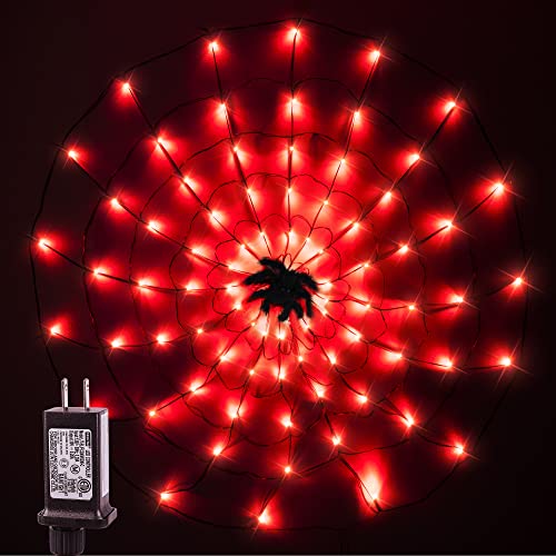 mimigogo Halloween Spider Web Net Lights, 30V Plug in Spider Wed Light, 3.9FT Diameter 96Led Red Light with One Black Spider, for Window Wall Garden Patio Yard Indoor&Outdoor Decor(Red)