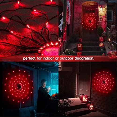 mimigogo Halloween Spider Web Net Lights, 30V Plug in Spider Wed Light, 3.9FT Diameter 96Led Red Light with One Black Spider, for Window Wall Garden Patio Yard Indoor&Outdoor Decor(Red)