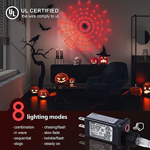 mimigogo Halloween Spider Web Net Lights, 30V Plug in Spider Wed Light, 3.9FT Diameter 96Led Red Light with One Black Spider, for Window Wall Garden Patio Yard Indoor&Outdoor Decor(Red)