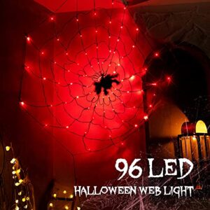 mimigogo Halloween Spider Web Net Lights, 30V Plug in Spider Wed Light, 3.9FT Diameter 96Led Red Light with One Black Spider, for Window Wall Garden Patio Yard Indoor&Outdoor Decor(Red)