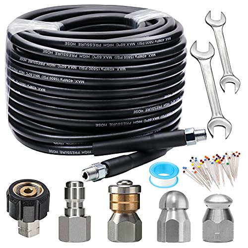 WEST BAY Sewer Jetter Kit 100FT for Pressure Washer, 5800PSI Drain Cleaner Hose 1/4 Inch NPT Corner Rotating and Button Nose Sewer Jetting Nozzle Spanner Waterproof Tape Pearl Corsage Pin