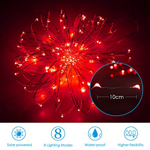 AMIR Upgraded Solar String Lights Outdoor, Mini 33Feet 100 LED Copper Wire Lights, Solar Powered Fairy Lights, Waterproof Solar Decoration Lights for Garden Yard Party Wedding Christmas (Red)