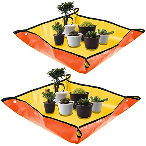 2Pack Plant Repotting Square Mats,39.3Inch Foldable Garden Transplanting Work Cloth,Waterproof Dirty Catcher Gardening Succulent Potting Tarp for Indoor Bonsai Succulents Plant Care (Orange)