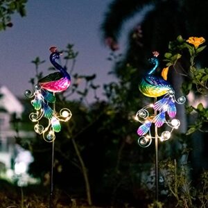 Viveta Pathway Lights Solar Powered, Waterproof Peacock Garden Decor - Metal Peacock Solar Lights for Outdoor Yard Lawn Walkway Driveway, 2Pack