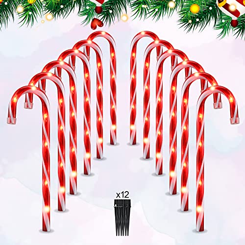 16'' Christmas Candy Cane Lights Outdoor Pathway, Set of 12 Christmas Candy Cane Markers Waterproof, Light Up Xmas Candy Cane Decoration with Stakes for Patio, Garden, Walkway