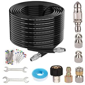 100ft sewer jetter kit for pressure washer, 5800psi drain cleaner hose 1/4 inch npt corner, rotating and button nose sewer jetting drain jetter hose nozzle pearl corsage pin spanners waterproof tape