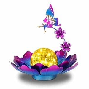 hedaqi solar lotus flower fairy light outdoor garden decor with crackle globe glass, waterproof led metal flower light for pathway, patio, yard, walkway