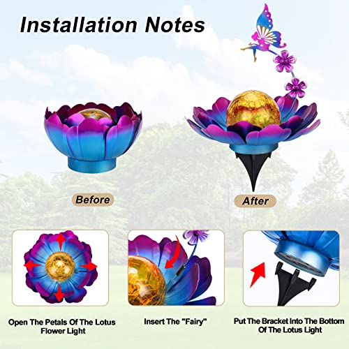 HEDAQI Solar Lotus Flower Fairy Light Outdoor Garden Decor with Crackle Globe Glass, Waterproof LED Metal Flower Light for Pathway, Patio, Yard, Walkway