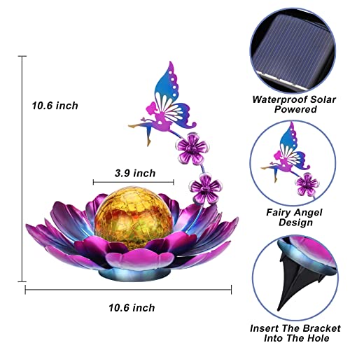 HEDAQI Solar Lotus Flower Fairy Light Outdoor Garden Decor with Crackle Globe Glass, Waterproof LED Metal Flower Light for Pathway, Patio, Yard, Walkway