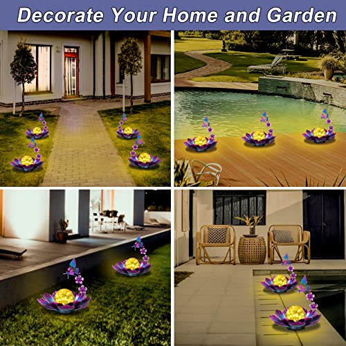 HEDAQI Solar Lotus Flower Fairy Light Outdoor Garden Decor with Crackle Globe Glass, Waterproof LED Metal Flower Light for Pathway, Patio, Yard, Walkway