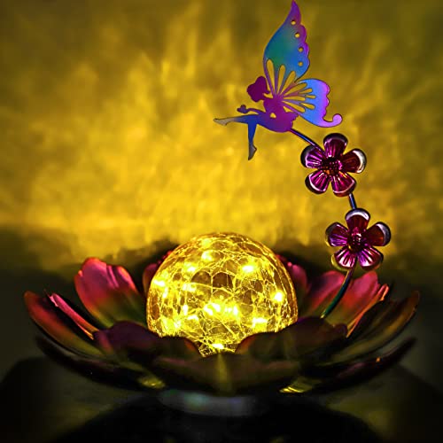 HEDAQI Solar Lotus Flower Fairy Light Outdoor Garden Decor with Crackle Globe Glass, Waterproof LED Metal Flower Light for Pathway, Patio, Yard, Walkway