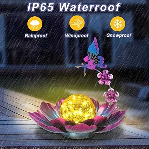 HEDAQI Solar Lotus Flower Fairy Light Outdoor Garden Decor with Crackle Globe Glass, Waterproof LED Metal Flower Light for Pathway, Patio, Yard, Walkway