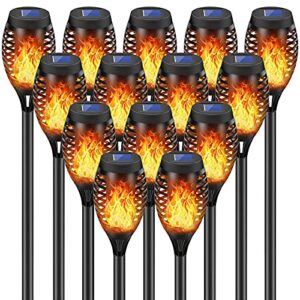 new huing 14 pack solar torches with flickering flames, 12led tiki torch solar lights waterproof outdoor mini solar torch lights for garden, patio, yard, pathway and christmas decoration