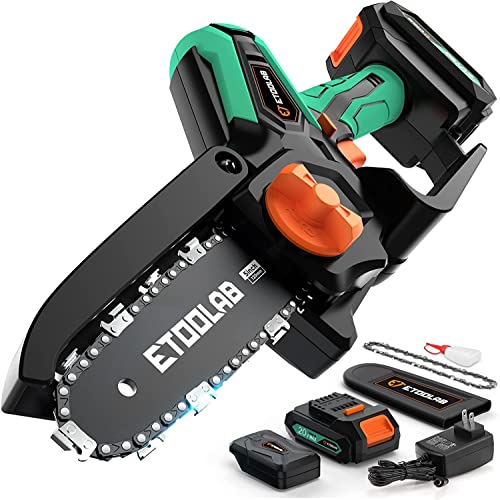 ETOOLAB [Ultimate Safety] Mini Chainsaw Set, 580W Easy Cutting Power, Patent Chain Design, Electric Cordless Handheld Chain Saw [Include 2 Lithium Batteries, 2 Exclusive Chains to Replace]