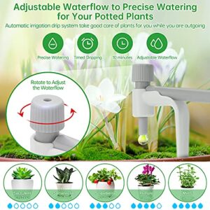 Solar Power Rechargeable Drip Irrigation Kit,Automatic Self-watering Plant Watering System with Timer,Easy DIY Vacation Self Watering Device for Indoor&Outdoor Potted Plant(15~270 Days Duration,White) (White)